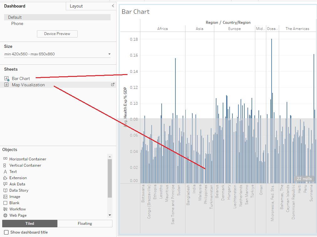 Drag the Bar Chart sheet to the dashboardworkspace, and then drag the Map Visualization ...